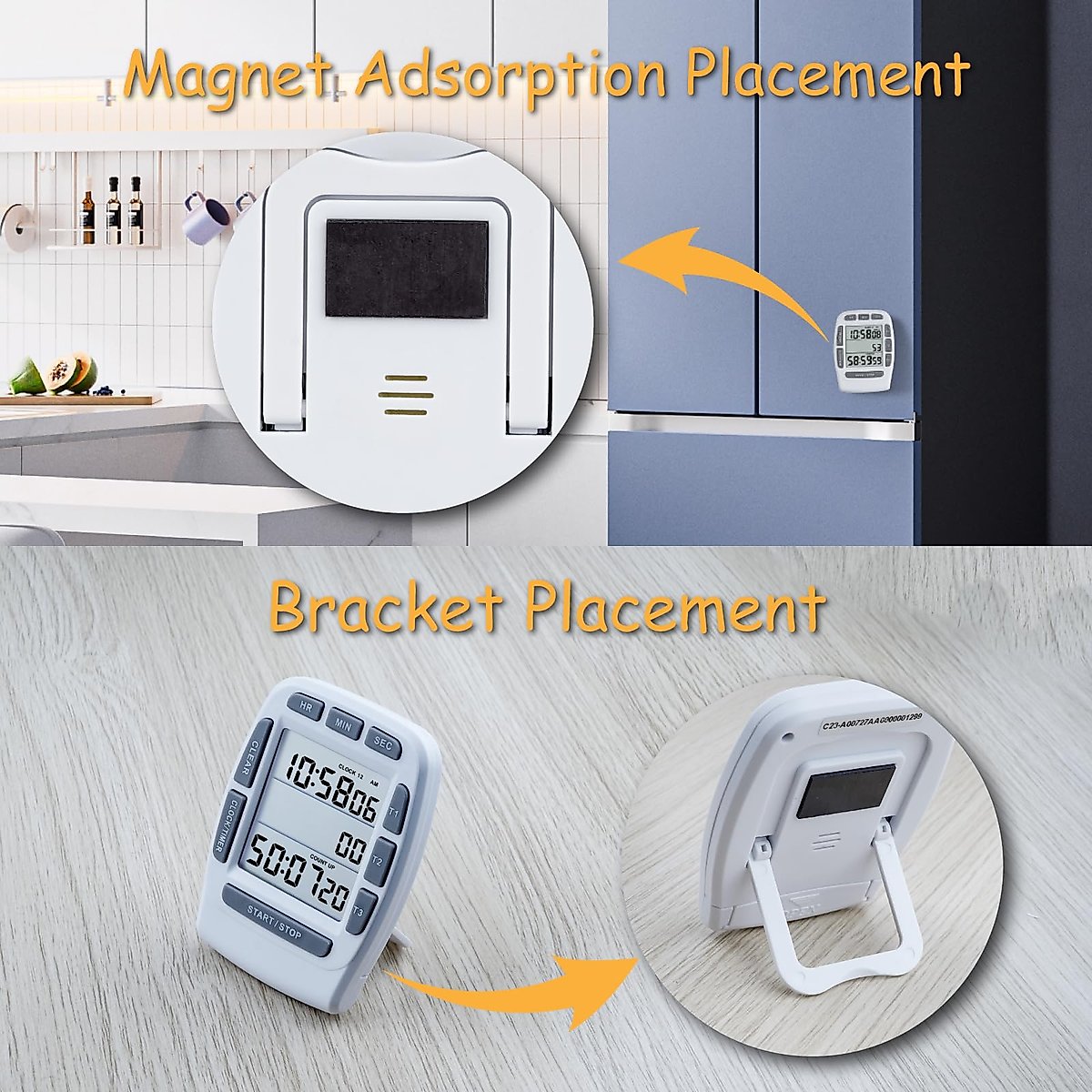 Jayron JR-KT001 Digital Timer Large LCD 3 Channel Countdown Timer,Kitchen Timer,Count Down Count Up Timer Cooking Timer Reset Clock Alarm Loud Strong Magnet Bracket for Kids Elderly (White)