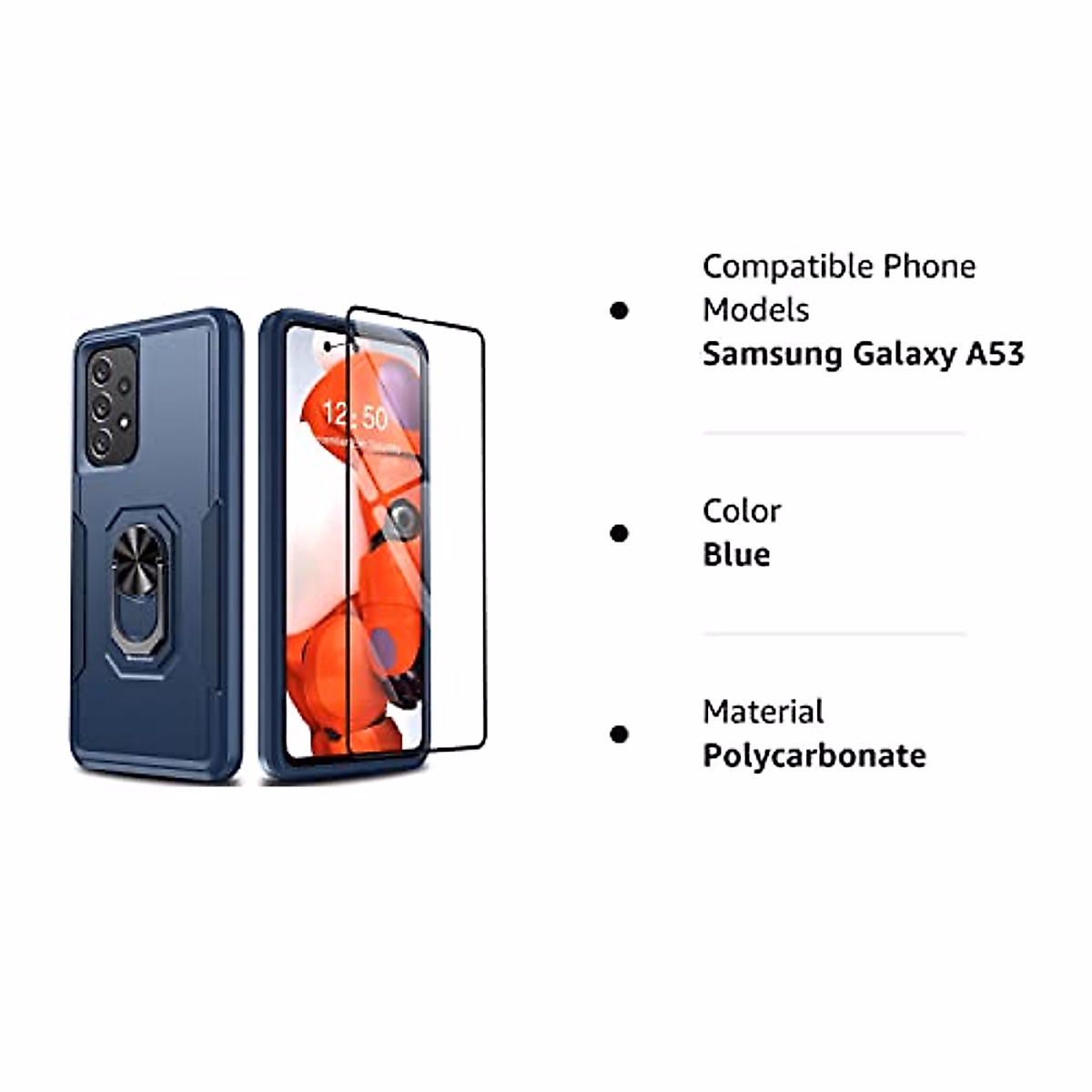Oterkin for Samsung Galaxy A53 Case,A53 5G Case Military Grade Shockproof Protective Case with [360° Rotatable Ring Kickstand] [Tempered Glass Screen Protector] Heavy Duty Case for Samsung A53-Blue