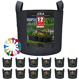 JERIA 12-Pack 5 Gallon, Vegetable/Flower/Plant Grow Bags, Aeration Fabric Pots with Handles (Black), Come with 12 Pcs Plant Labels