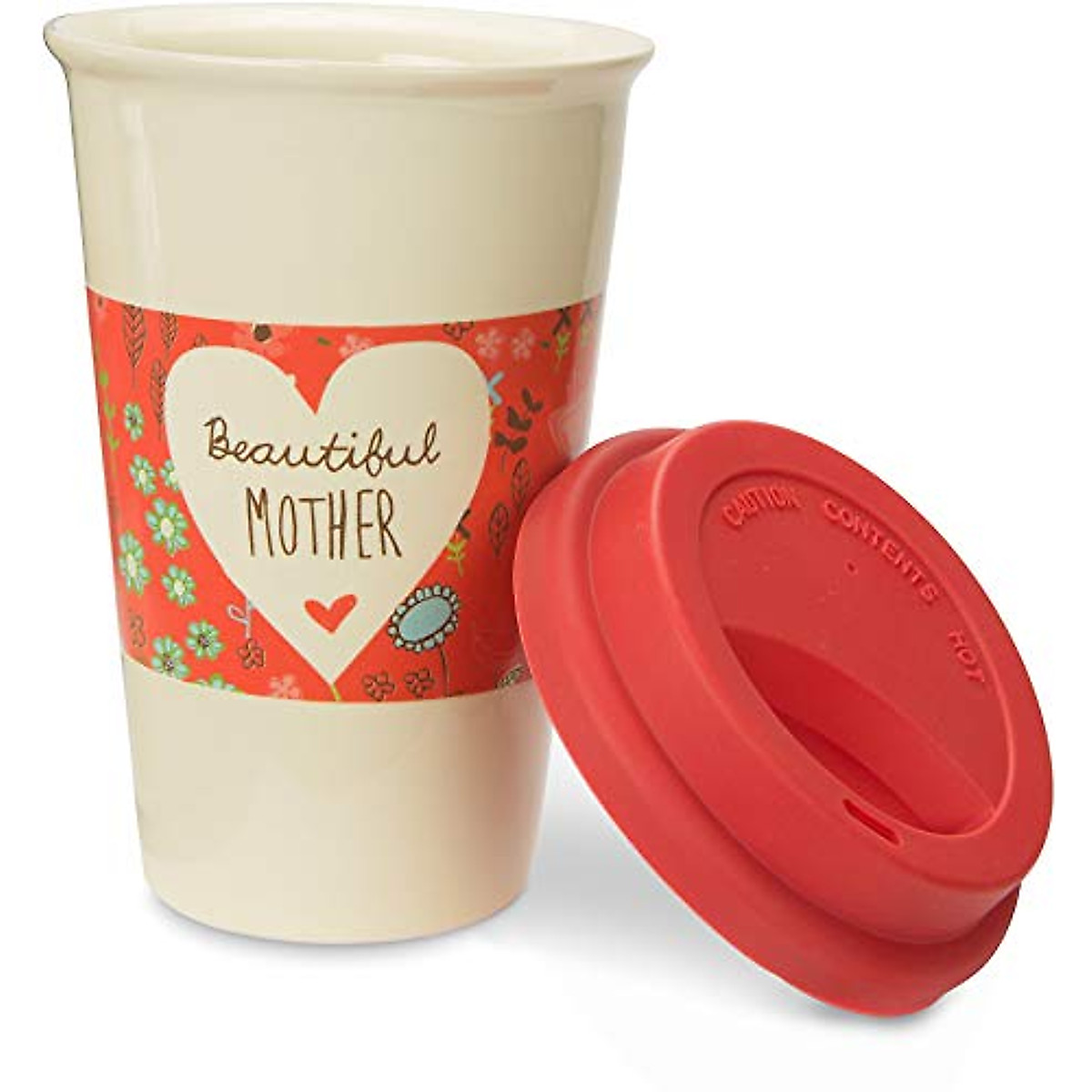 Pavilion Gift Company "A Mother's Love-Beautiful Mother" Floral Stoneware Travel Mug, Pink, 12 oz