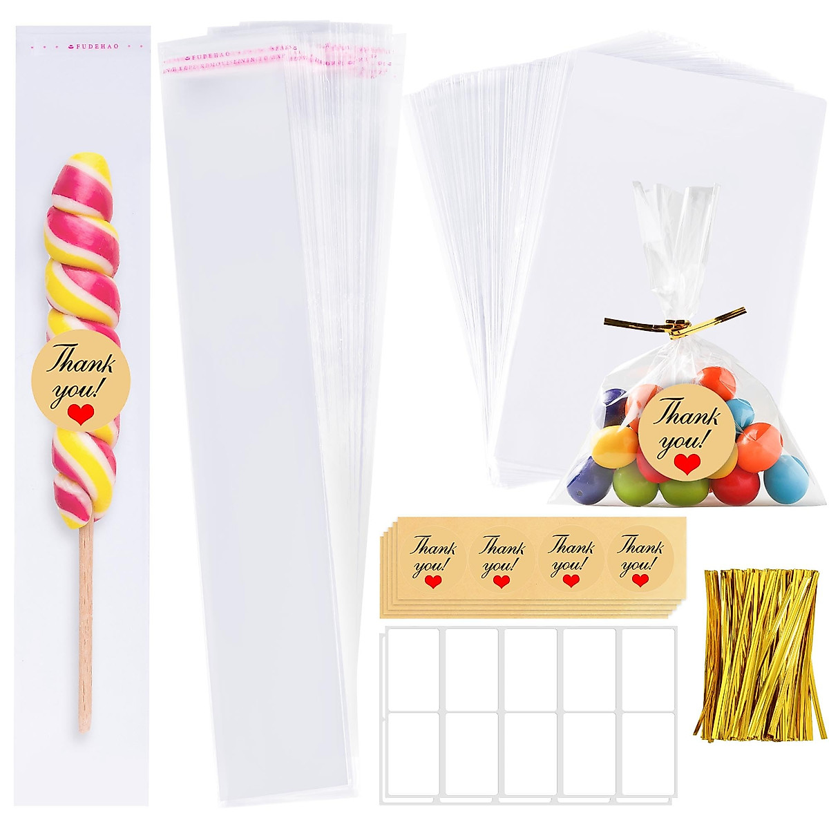 Cellophane Bags Total 200 Pcs (100 Pcs 4"x6" Flat Cellophane Bags & 100 Pcs 2"x10" Self Sealing Pretzel Rod Bags) Clear Cello Bags OPP Treat Bag Poly Bags for Bakery Favors Packaging with Twist Ties