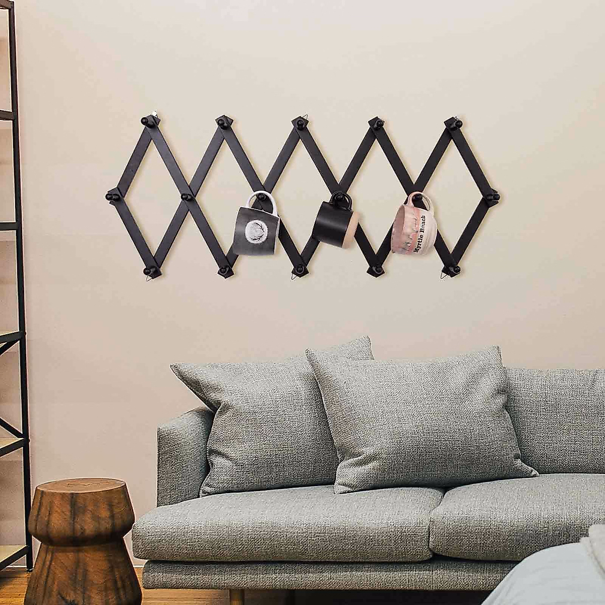 SCUNDA Accordion Wall Hanger with 16 Hooks, Wooden Wall Expandable Coat Rack for Coat, Hats, Baseball Caps, Coffee Mug, Jewelry(Black)