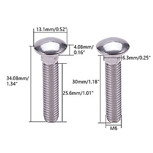 Yinpecly 100Pcs M6×30mm 1mm Pitch Length 304 Stainless Steel Round Domed Head Square Neck Carriage Bolts Silver Tone