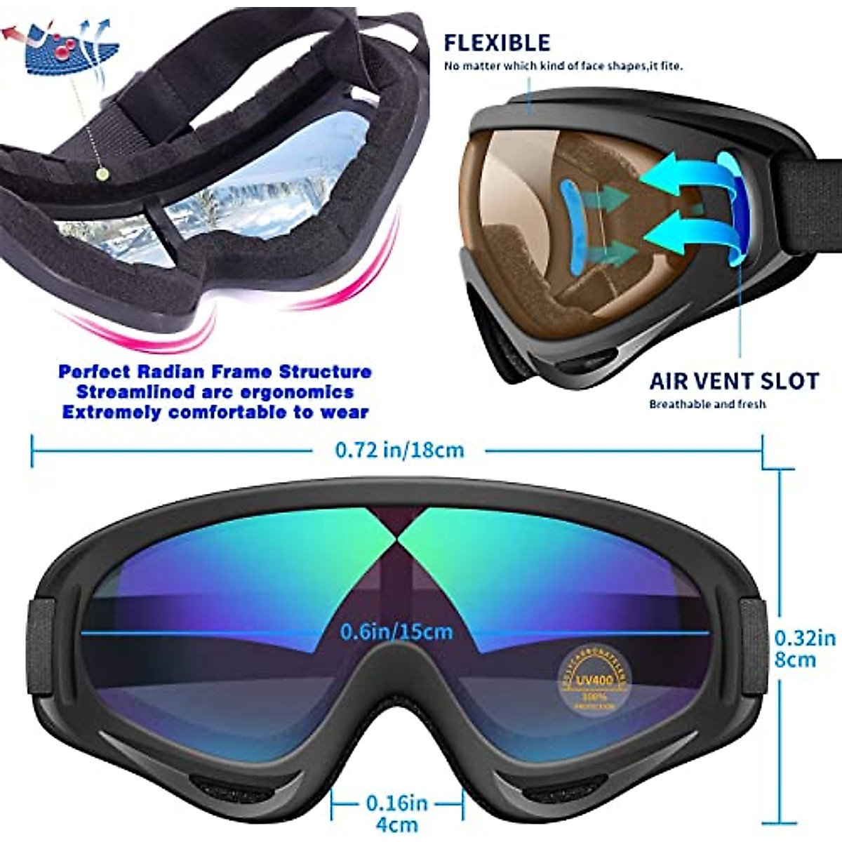 Anti-Glare Lenses, Ski Goggles, Winter Sport Snowboard Goggles with UV 400 Protection, Snowboard Goggles for Kids, Boys & Girls, Youth, Men & Women, Helmet, Wind Resistance (White Transparent)
