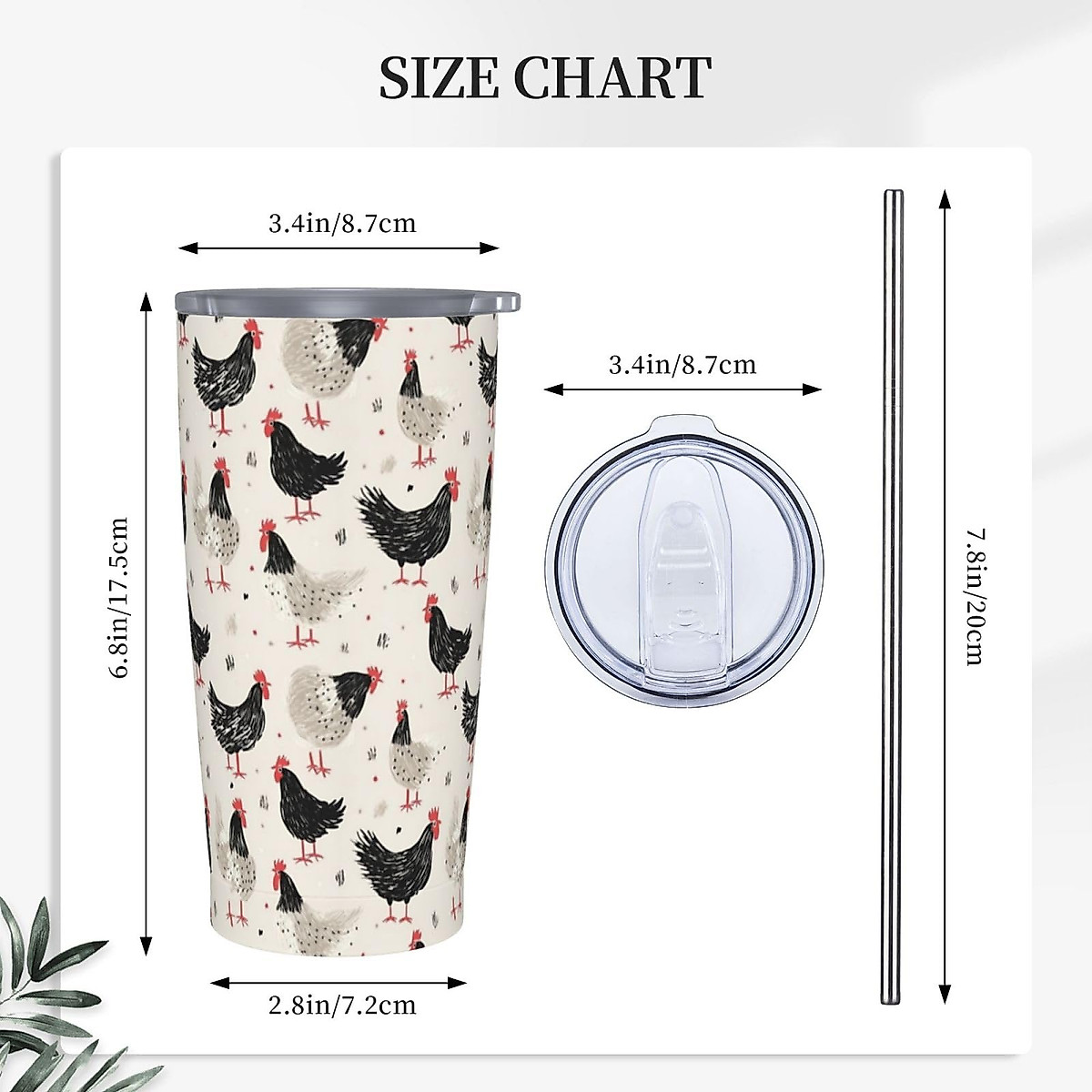 CHASOEA Chicken Tumbler 20oz Hen Rooster Stainless Steel Insulated Tumblers with Lid and Straw Animal Travel Coffee Mug Tea Wine Cups Water Bottle Chicken Gifts for Women Chicken Lover