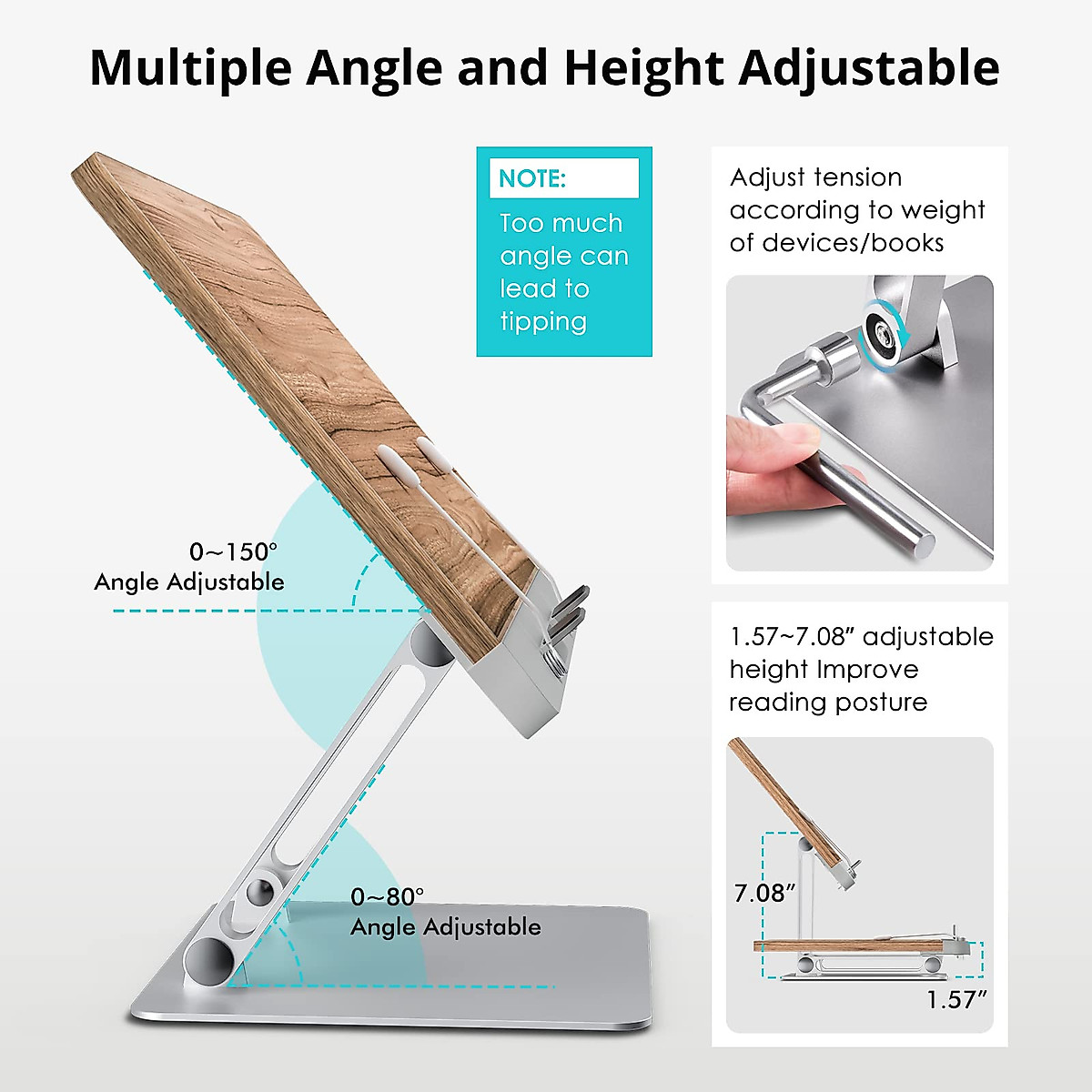 viozon Book Stand for Reading, Wooden Cookbook Holder, Adjustable Height&Angle, Aluminum Alloy, Foldable & Portable, for Office, Kitchen, School. Kids & Adults Textbook, Recipe, Magazine, Tablet-