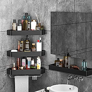 EAQ 2 Pack Corner Shower Shelves, Shower Organizer with 4 Removable Hooks and Towel bar,Adhesive No Drilling Wall Mounted Or Organizer Basket for Washroom/Toilet/Dorm/Kitchen, Matte Black