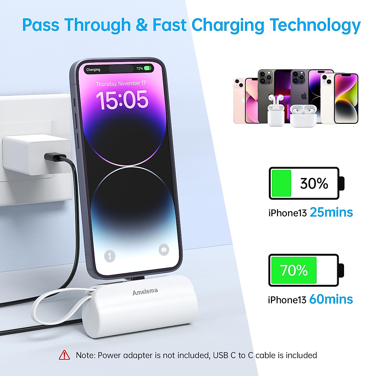 amelema Small Portable Charger for iPhone, 5000mAh Power Bank Fast Charging Portable Phone Charger Compact Battery Pack Compatible with iPhone 14/14 Pro Max/13/12/11/X/8/7/6, White