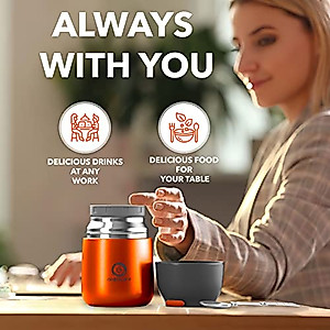 ENERGIFY Vacuum Insulated Food Jar Made of Premium BPA-Free Stainless Steel. 17oz Thermos Includes Folding Spoon and Cup. Hot & Cold Lunch, Drinks Container For Kids and Adults. Leak Proof, Orange.