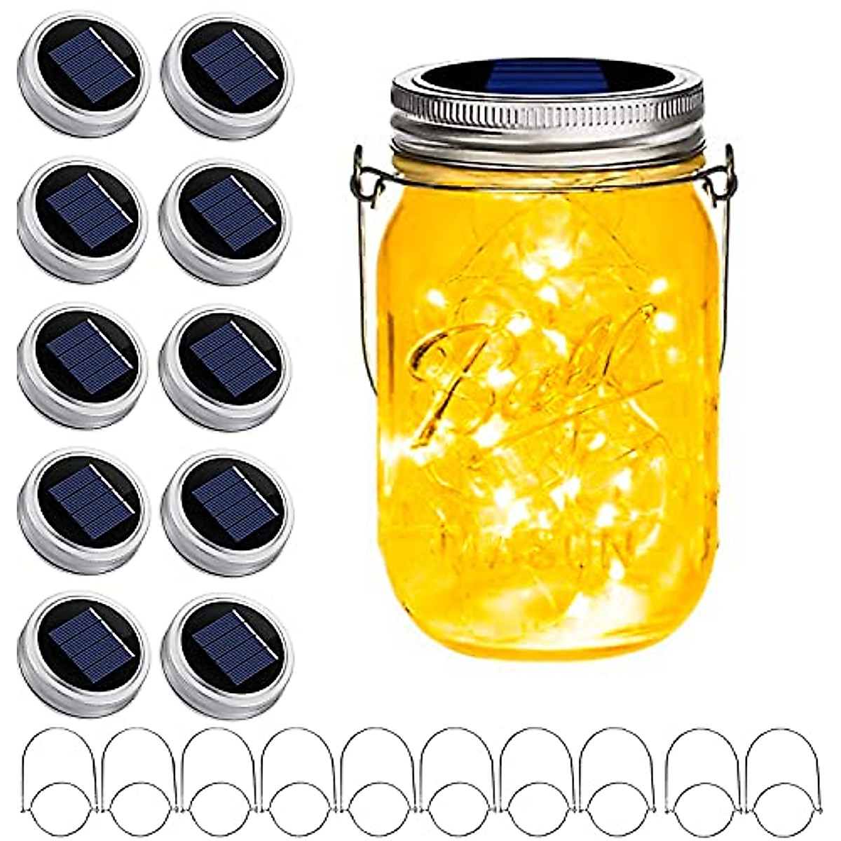 Upgraded Solar Mason Jar Lights, 10 Pack 30 LED Waterproof Fairy Firefly Jar Lids String Lights with Hangers(Jars not Included), Patio Yard Garden Wedding Easter Decoration - Warm White
