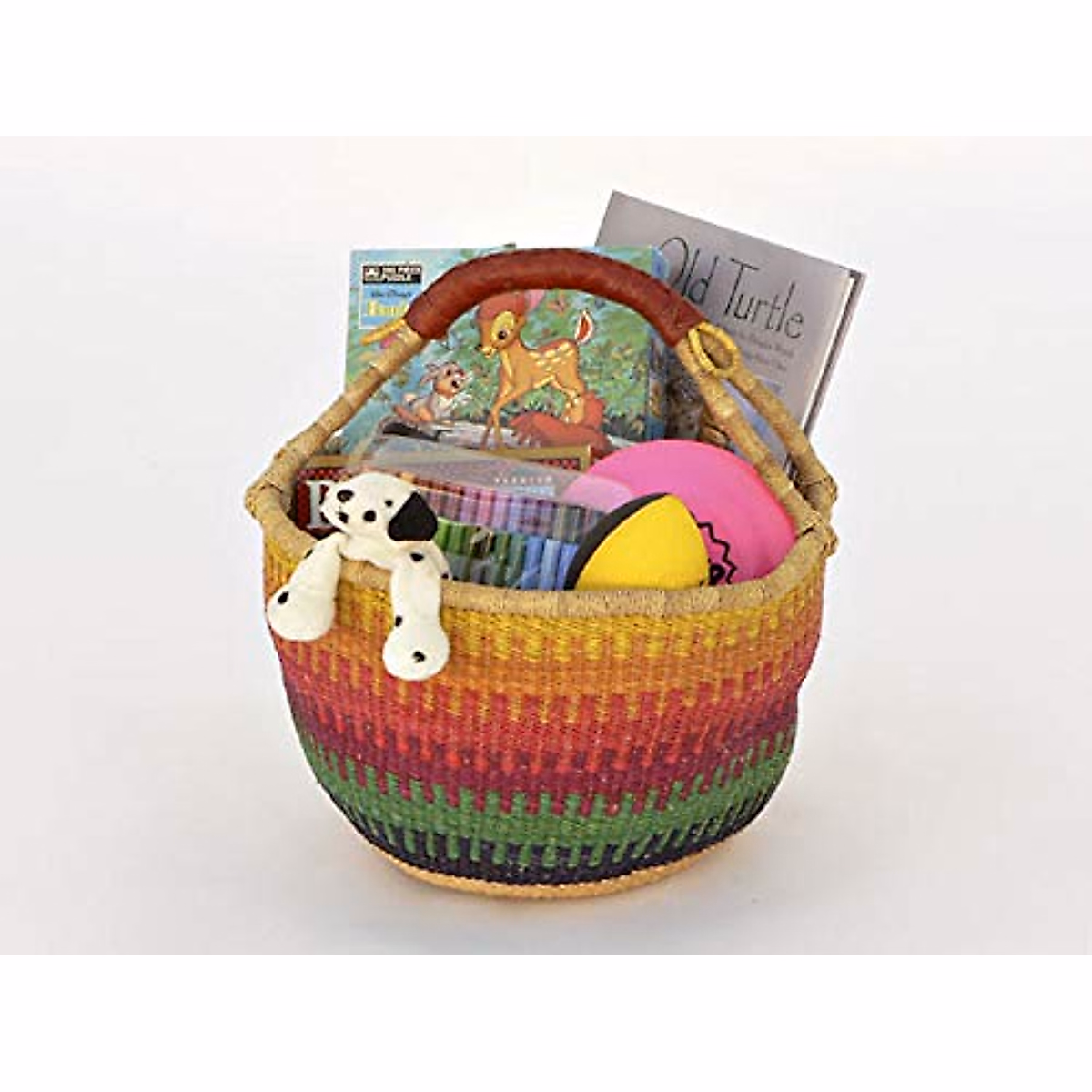 African Market Basket, Small Round Woven Straw Basket with Handle Fair Trade Storage Container