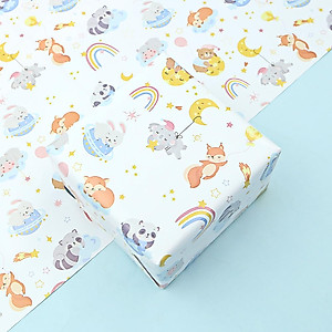 Animals Sleeping Wrapping Paper for Baby Infant Boys Girls, Good Night Rabbit Panda Fox Bear Koala Rainbow Moon Gift Wrap Paper Sheet for Baby Shower Birthday Kindergarten Newborn Children Kids
