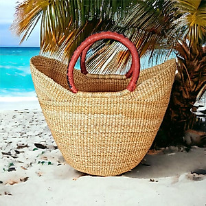 Large Dye Free Yikene Shopper -Ghana Bolga Basket Fair Trade - 16"-19" Across - Black & Tan Handles