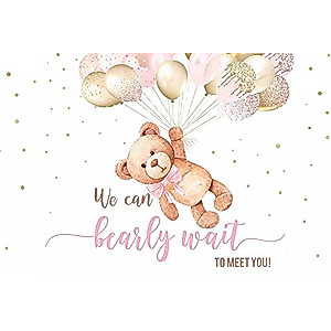 HUAYI We Can Bearly Wait to Meet You Baby Shower Backdrop Teddy Bear Decoration Background Pastel Tone Sweet Pink Balloons and Brown Girl Babyshower Backdrops 6.5x5ft
