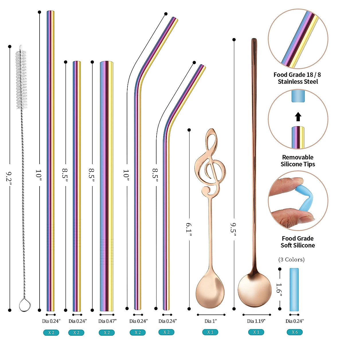Hypermotion Reusable Straws Set, 10 Pack Different Size Stainless Steel Metal Drinking Straws with 6 Silicone Tips, 2 Smoothie Spoons, 2 Cleaning Brushes and Case, for 20~30 oz Tumbler