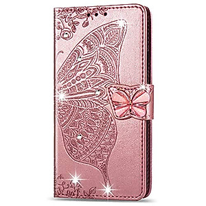 ZYZXHZD Xiaomi Mi Redmi Note 8 3D Butterfly Flower Wallet Case, with Credit Cards Slot and Stand Magnetic Protective PU Leather Flip Phone Cover for Xiaomi Redmi Note 8(Rhinestone Rose Gold)