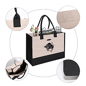 Aricsen Reusable Personalized Gift Jute Canvas Tote Bag Women Handbags with Handles Bulk Carry, Friends Sister Mom Daughter Birthday, Beach Holidays, Kitchen Grocery Shopping (Taurus, Large)