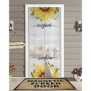 LBDEKOR Magnetic Screen Door Fits Door Screen Curtain 38" x 83", Watercolor Sunshine Sunflower Screen Door Mesh Door Screen Heavy Duty for Sliding Door Doorway Front Doors Summer Floral Grey Plaid