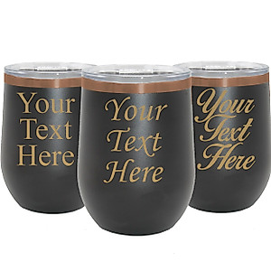 Personalized Insulated Wine Tumbler - Custom Monogrammed Stemless Wine Cup - Your Text Here (Black with Gold)