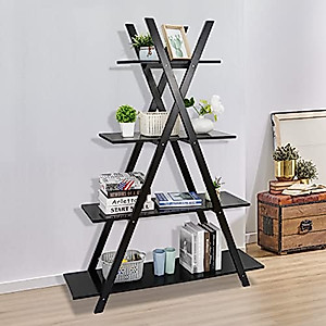 SUPER DEAL A Frame Bookshelf Storage Shelves, 4 Tier Ladder Bookcase Free Standing, Plant Book Display Furniture for Home Office, Black