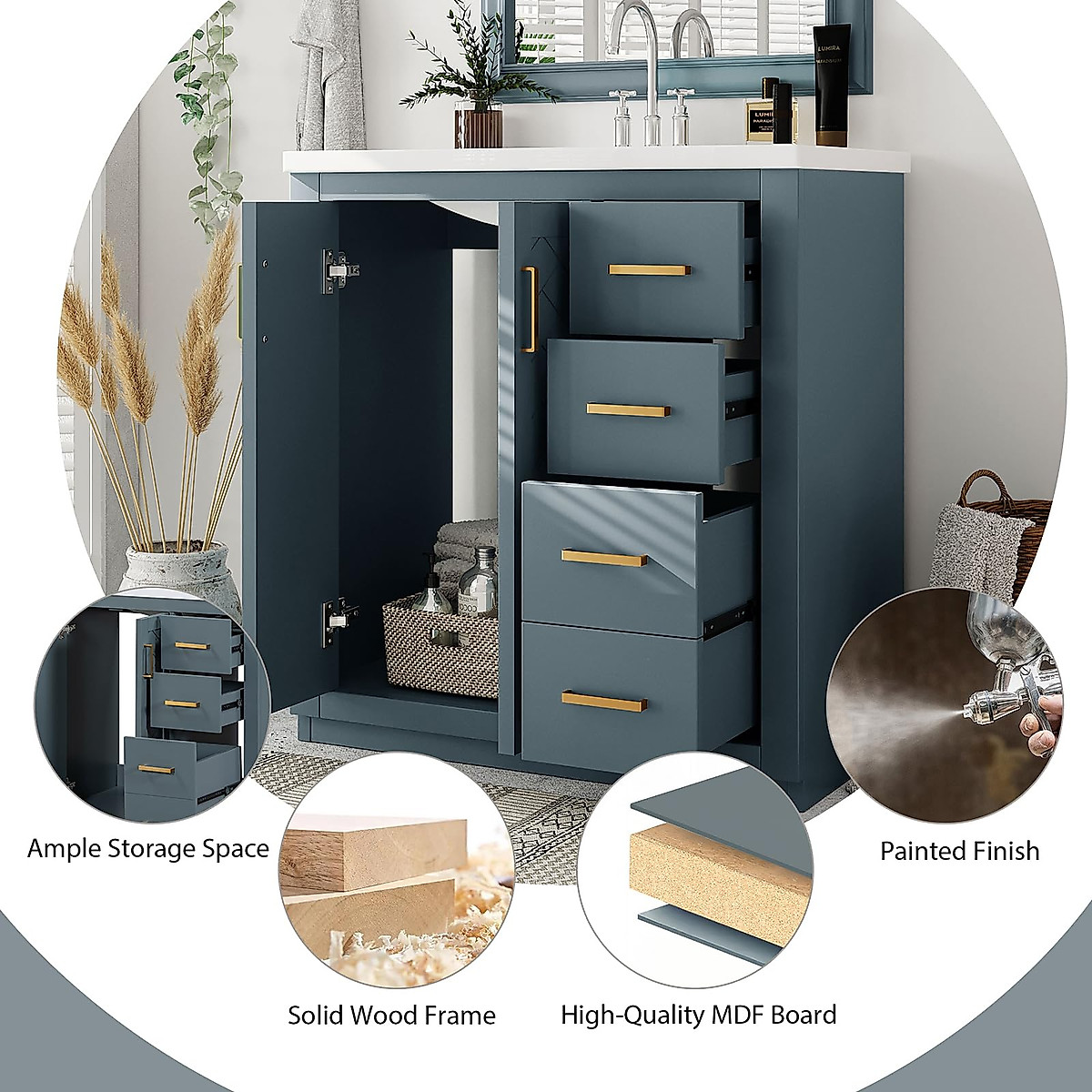 30'' Bathroom Vanity with Top Sink, Modern Bathroom Storage Cabinet with 2 Drawers and a Tip-out Drawer, Single Sink Bathroom Vanity, Bathroom Storage Cabinet Vanities for Bathroom Navy Blue 30inch