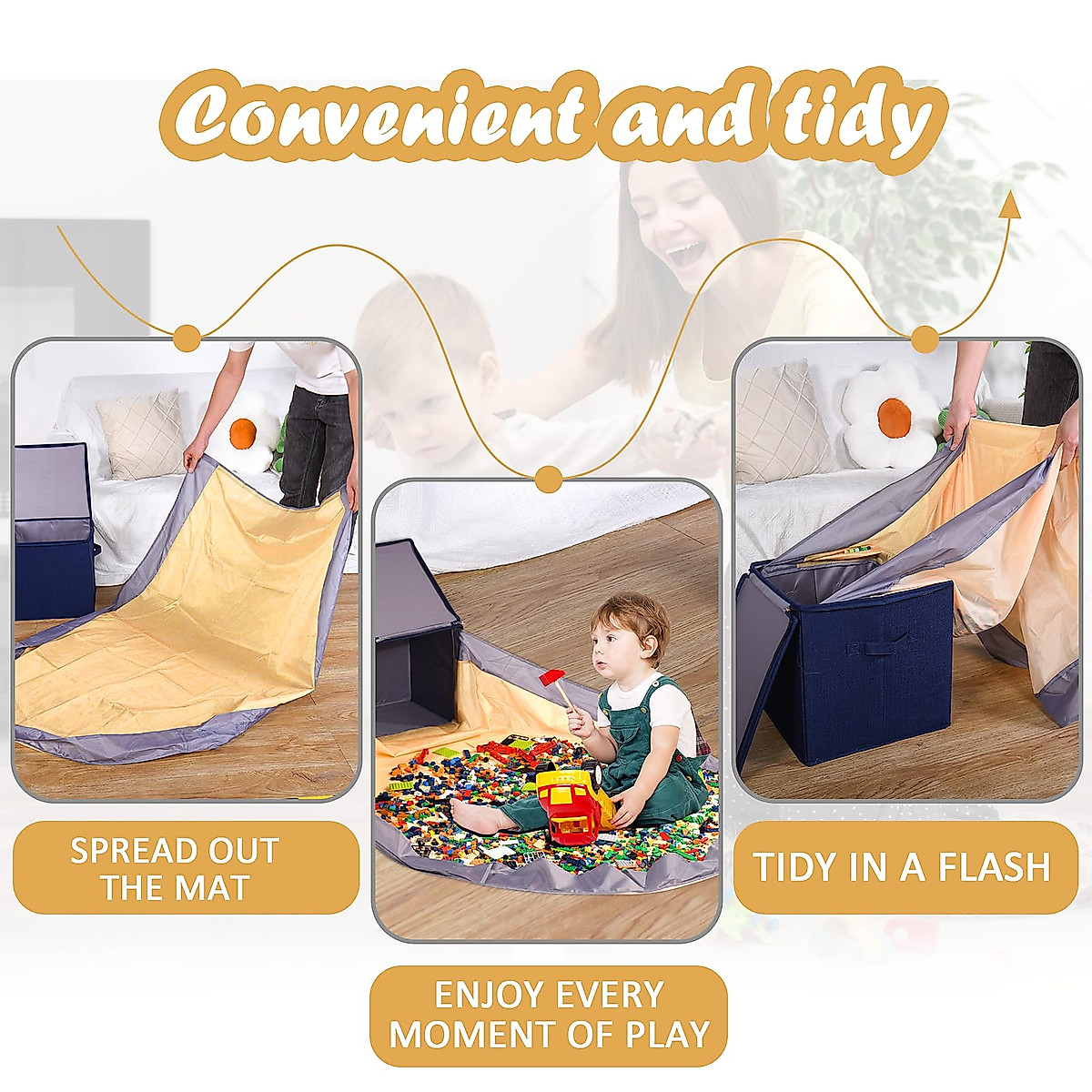 CLYMENE Toy Storage Basket and Play Mat for Kids, Foldable and Stackable Toy Storage Organizer for Building Bricks & Blocks, Toy Box Bin for Boys, Girls, Nursery, Playroom, 13"x13"x13" (Navy Blue)