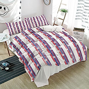 4th of July Queen Duvet Covers American Patriotic Stars Horizontal Stripe 3-Piece Bedding Sets Luxury Soft Microfiber Bed Comforter Protector with Pillow Cases for Women Men Girl Boy Red Blue White