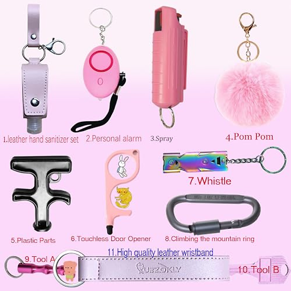 PUEZOKLY Pink keychain Gift Set for Woman Car keys with Card Holder PU Wristlet Lanyard Pom Pom Ball,Travel Bottle Holder