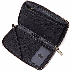 Seammer Women's RFID Blocking Leather Zip Around Wallet Clutch Large Phone Holder Wristlet Travel Purse (Black)