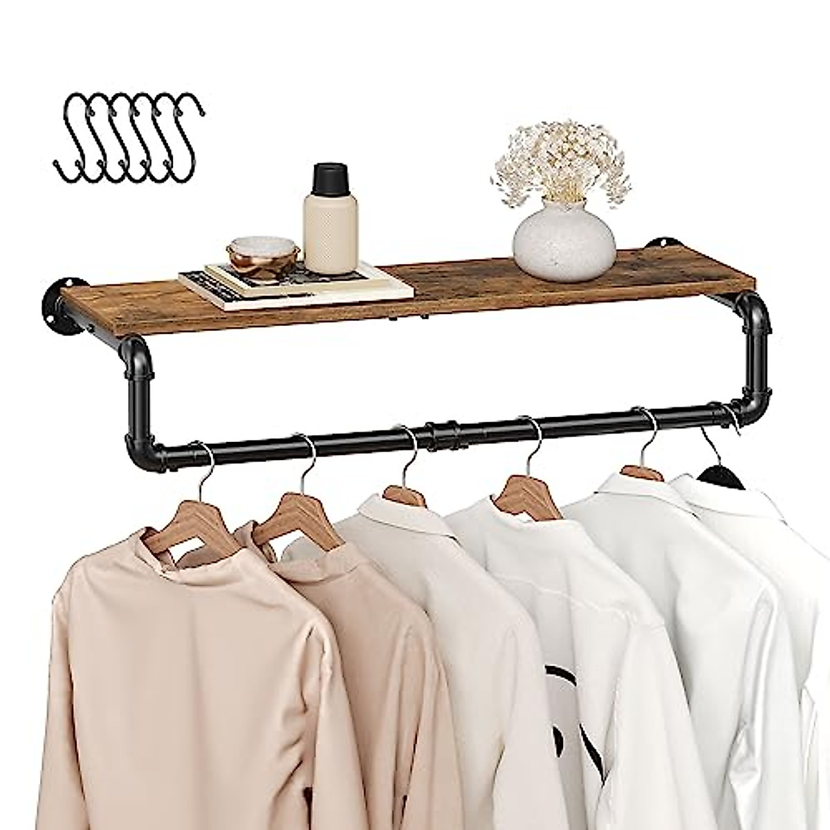 YATINEY Pipe Clothes Rack, 31.5 in Wall Mounted Garment Rack with Top Shelf, Industrial Clothing Rack, Heavy Duty Detachable, Space Saver Hanging Clothes Rack, Rustic Brown FS08BR