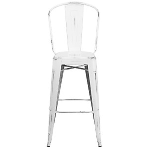 EMMA + OLIVER Commercial Grade 30" H Distressed White Metal Indoor-Outdoor Barstool w/Back