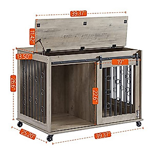 Rophefx Dog Crate Furniture with Sliding Door, Dog Kennel Indoor with Partition for Two Puppies, Dog Cage with Flip-up Top and Wheels, Chew-Resistant Wooden Dog House, Grey