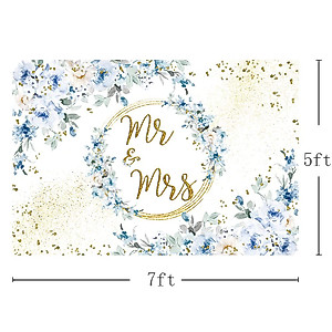 MEHOFOND 7x5ft Blue Floral Backdrop for Mr and Mrs Engagement Party Decorations Couples Wedding Golden Dots Glitter Photography Background Anniversary Ceremony Bridal Shower Banner Photo Booth Props