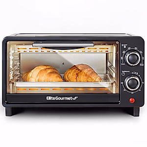 Elite Gourmet ETO490 9L/4 Slice Countertop Toaster Oven with 30-Minute Timer, Adjustable Temperature Control, Includes Baking Pan and Wire Rack, Bake, Broil, Toast, Black