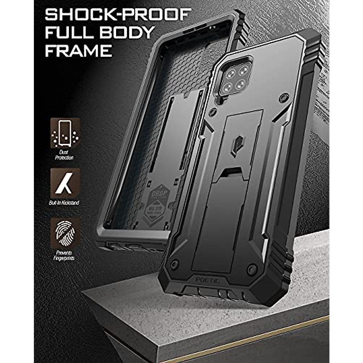 Poetic Revolution Case for Samsung Galaxy A42 5G, Built-in Screen Protector Work with Fingerprint ID, Full Body Rugged Shockproof Protective Cover Case with Kickstand, Black