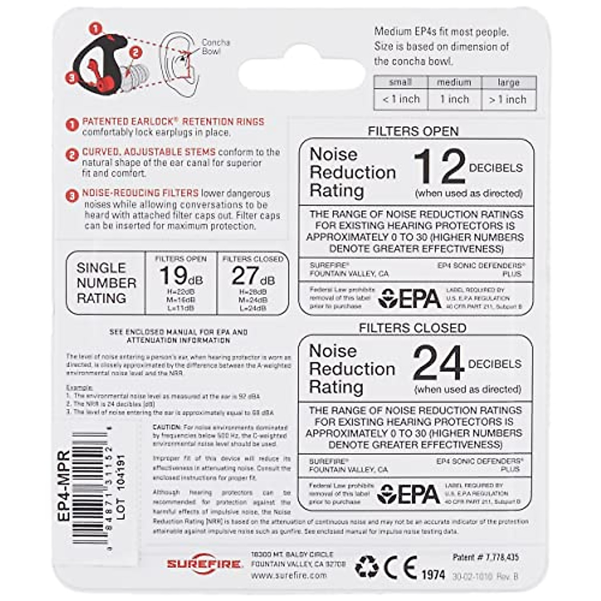 SureFire EP4 Sonic Defenders Plus filtered Earplugs, triple flanged design, reusable, Clear, Medium