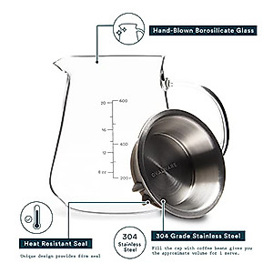 Glass Range Coffee Server For Pour Over Coffee & Tea - 600ml/20oz Ovalware Microwave Safe & Heatproof 2.5mm Thick Glass Body