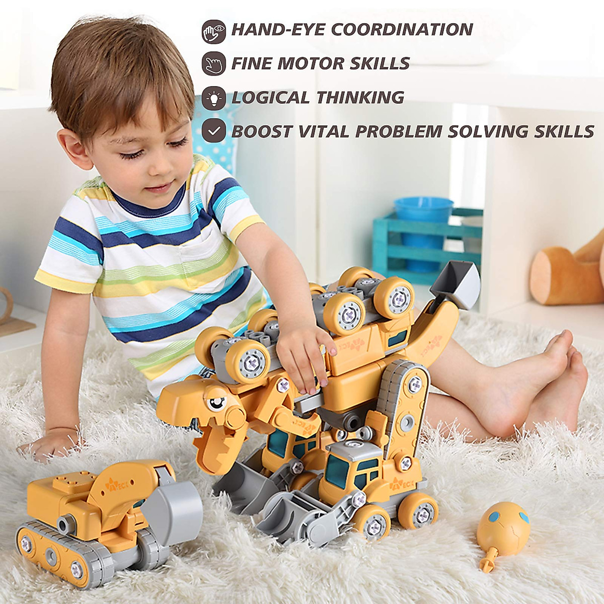 ERCHAOXI 5 in 1 Take Apart Dinosaur Toys for Kids 3-5,5 Construction Trucks Transform into a Big Dinosaur Robot Toys,STEM Building Toys Gifts for 4 5 6 7 8 Years Old Boys & Girls