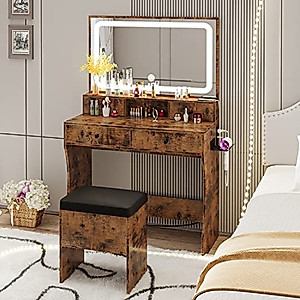 LIKIMIO Vanity Desk with LED Lighted Mirror & Power Outlet & 4 Drawers, Dressing Makeup Table Set with Storage Stool and Hair Dryer Stand, Vintage Brown