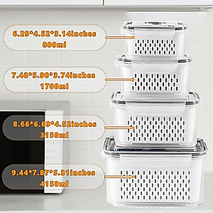 HOMEEE 4 Pack Large Airtight Fridge Food Organizer Containers, Fruit and Vegetable Storage Containers with lids, Portable Outdoor Picnics Food Storage with Removable Colanders(4.15L+3.15L+1.7L+0.8L)