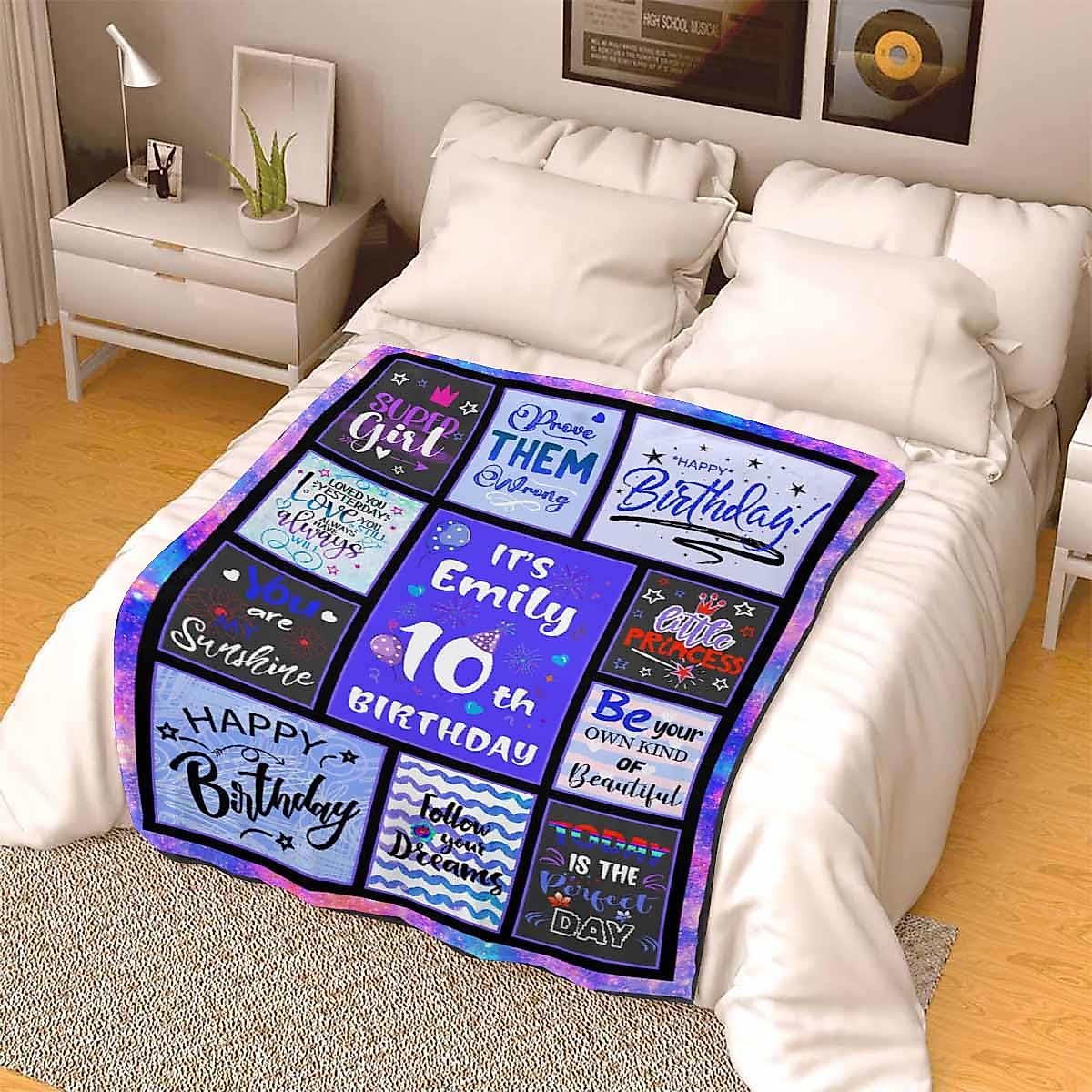 Newcos Customized Congrats Blankets for Girls for 10th Birthday, Gifts for Mom Daughter, Custom Birthday Blankets for Napping Camping for Home Bed Sofa Decoration (Blue Purple) 30"x40"