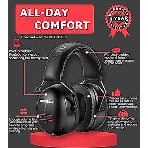 PROHEAR 037 Bluetooth 5.0 Hearing Protection Headphones with Rechargeable 1100mAh Battery, 25dB NRR Safety Noise Reduction Ear Muffs 40H Playtime for Mowing, Workshops, Snowblowing - Black