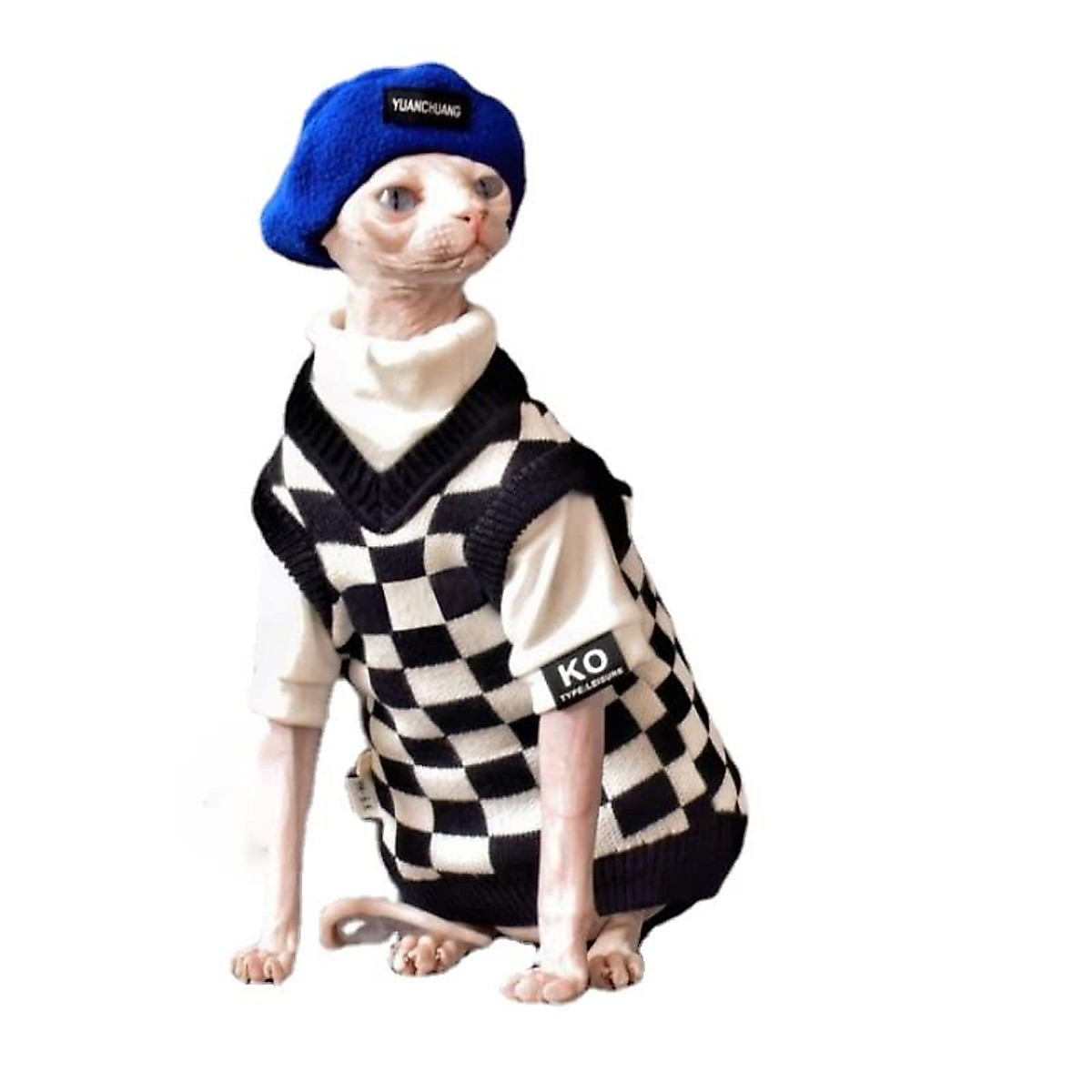 Sphynx Cat Clothes Fashionable V-Neck Sweater Vest Hairless Cat Clothes Thickened Warmth Devon Cat Clothes,Peter Bald,Cornish (Large)