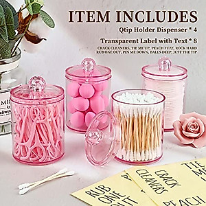 TUZAZO 4 Pack Qtip Holder Apothecary Jars with Lids, 10 oz Bathroom Organizer Storage Canister Set for Cotton Ball Holder, Cotton Swabs, Cotton Round Pads, Floss, Hair Ties and Hair Pins, Bathroom Decor Containers (Clear Pink)