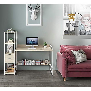 TOPYL Modern Writing Desk with Hutch and 4 Tier Bookshelves,Computer Desk with 2 Drawers,Pc Laptop Sturdy Office Desk Workstation for Home