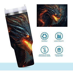 ALAZA Dragon Dark Background 30 oz Tumbler Water Bottle with Straw Lid and Handle,Reusable Insulated Stainless Steel Cup for Women Men Travel Car Cup Holder