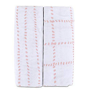 Petit Dreams Bassinet Sheet Jersey Knit Cotton for Baby Girl Flexible Fit for Multiple Size Bassinet Mattresses & Mini Co-Sleepers, Dotted Stripes & Grid Lines, (Pack of 2)