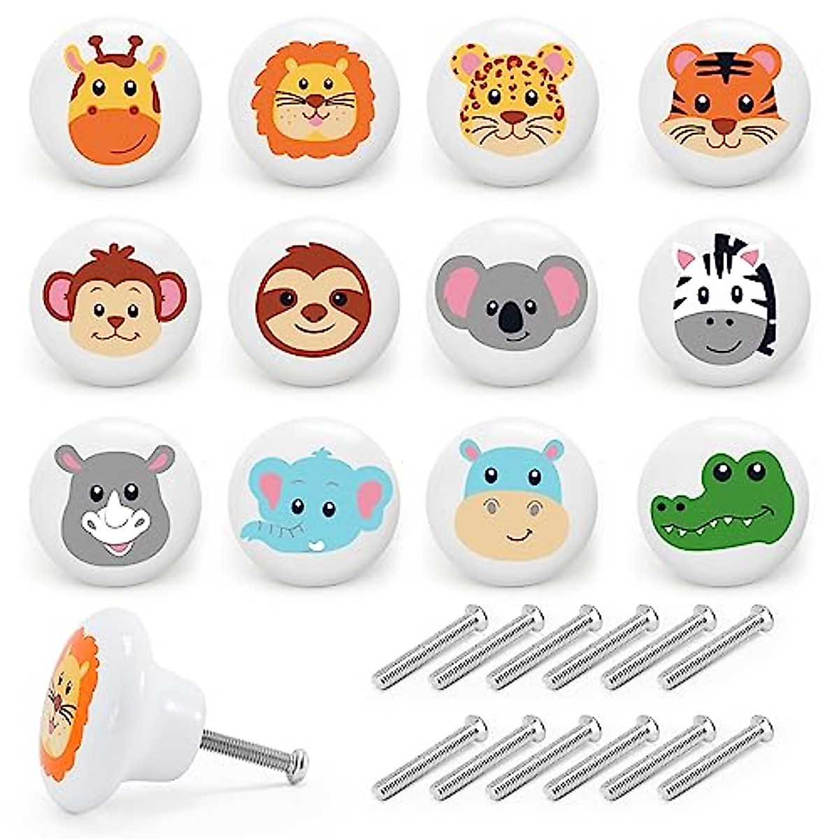 Tuitessine 12 Pack Assorted Safari Animals Drawer Knobs Funny Round Ceramic Dresser Knobs Cabinet Closet Cupboard Pulls Cute Wardrobe Handles Jungle Decor for Nursery Kitchen Bathroom Bedroom