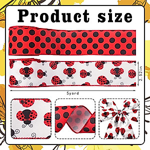 Hying 2 Rolls Spring Ladybug Ribbons Wired for Wreath Bows Wrapping Gifts, Red Polka Dot Ribbon for Gift Wrapping Birthday Party Decoration DIY Crafts, 2.5" X 10 Yards Red Lady Bug Wired Edge Ribbon