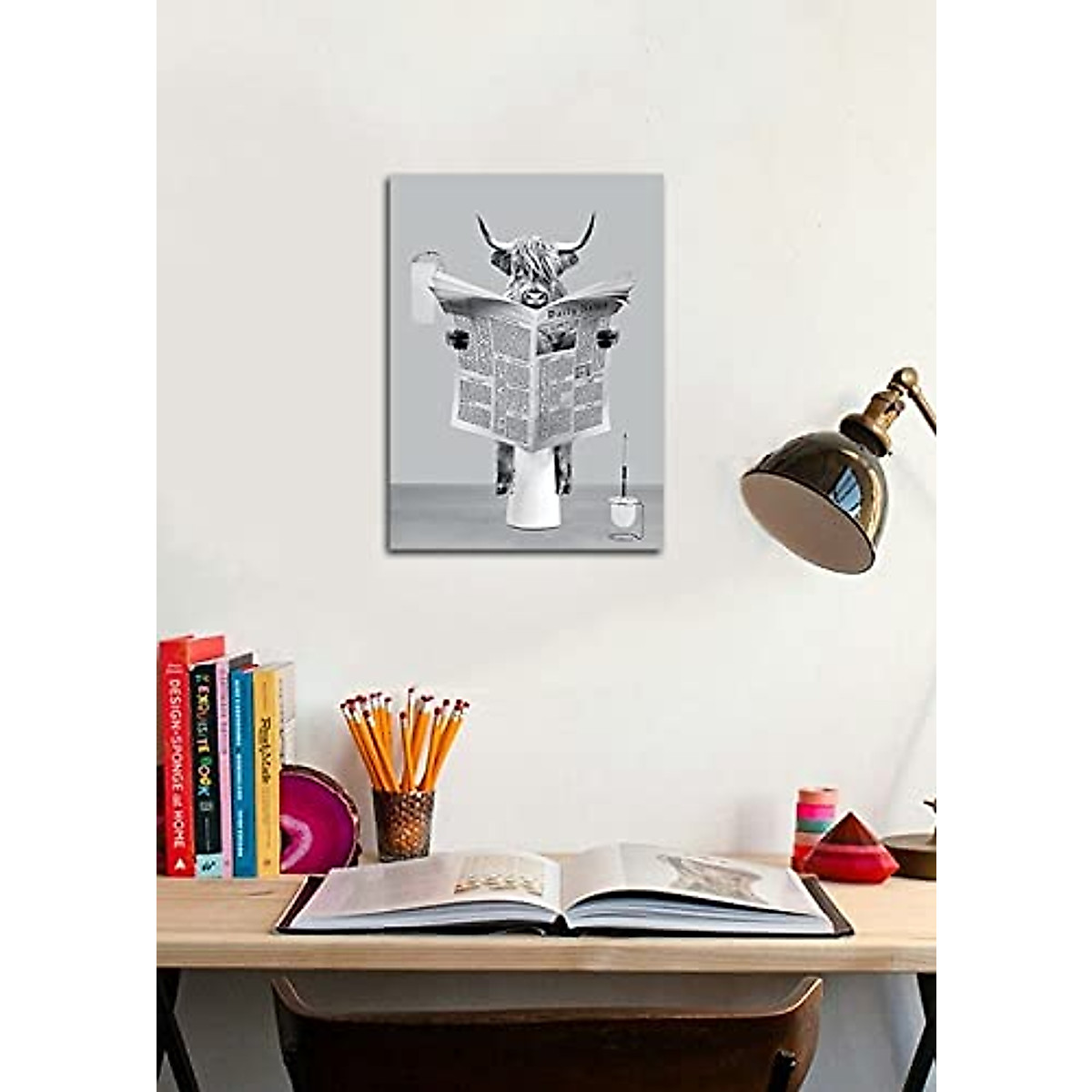 Yaoliyu Bathroom Decor Highland Cow Wall Art,Cow Reading Newspaper on Toilet Canvas Prints Black and White Cow Picture Funny Farmhouse Wall Decor Stretched and Framed Ready to Hang 12x16inch